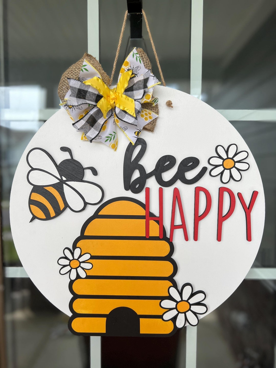 Handmade Bee Happy Door Hanger | Front Door Decor | Sign | Wreath | 3D ...