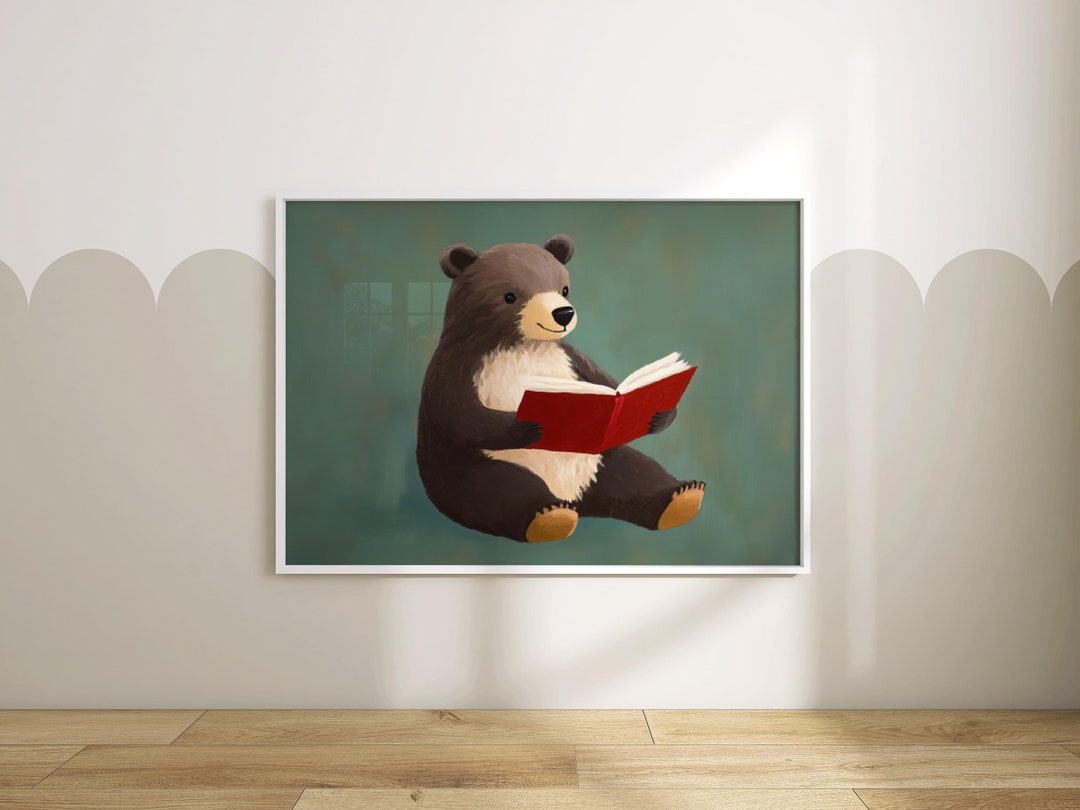 Bear With Books Kids Room Art, Woodland Bear Nursery Print, Sage Green ...