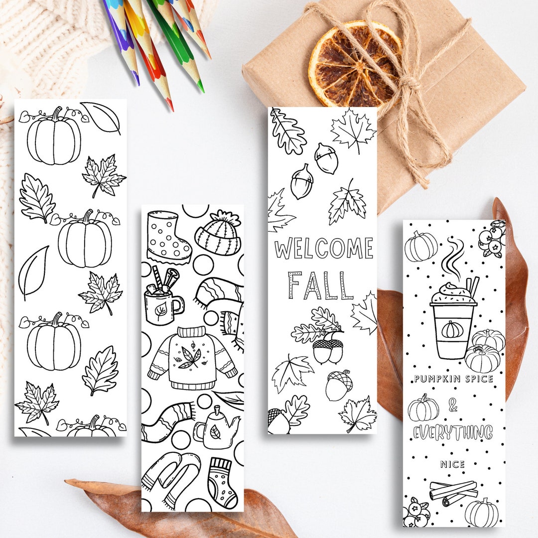 Printable Bookmarks Set of 4 Cute Fall Bookmarks for Coloring - Etsy