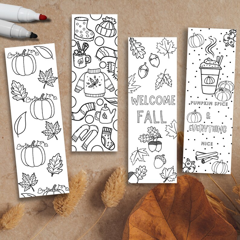 Printable Bookmarks Set of 4 Cute Fall Bookmarks for Coloring - Etsy