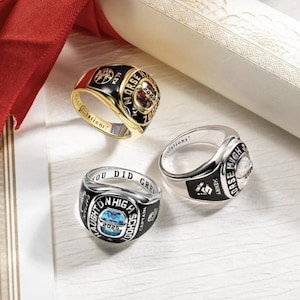 GOLD Custom Birthstone Class Ring With Engraved Text, High School ...