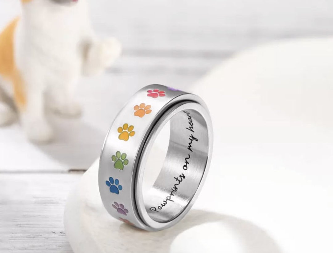 Personalized Rainbow Paw Print Spinner Ring, Stainless Steel Pet ...