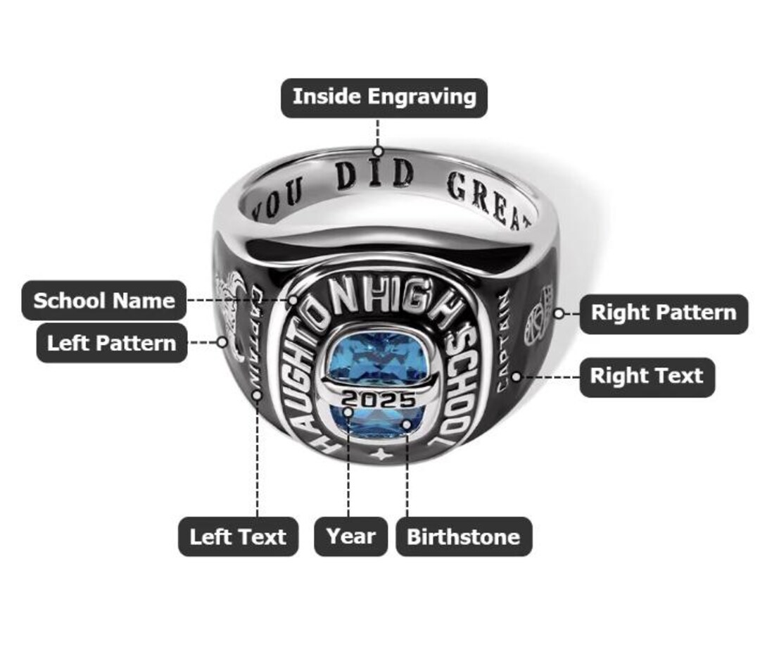 SILVER Custom Birthstone Class Ring With Engraved Text, High School ...