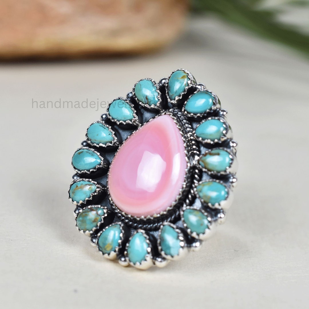 Pink Spiny and Mohave Turquoise Conch in 925 Sterling Sliver Ring, Blue ...