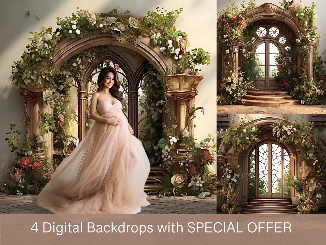 4 Floral Digital Backdrops, Maternity Portrait Photography Background ...