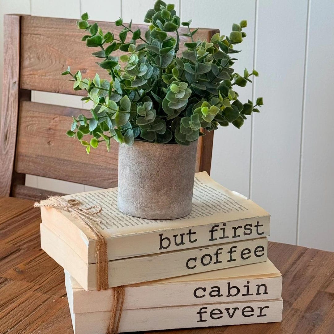 STAMPED BOOK STACKS. but First Coffee. Recycled Books, Farmhouse ...