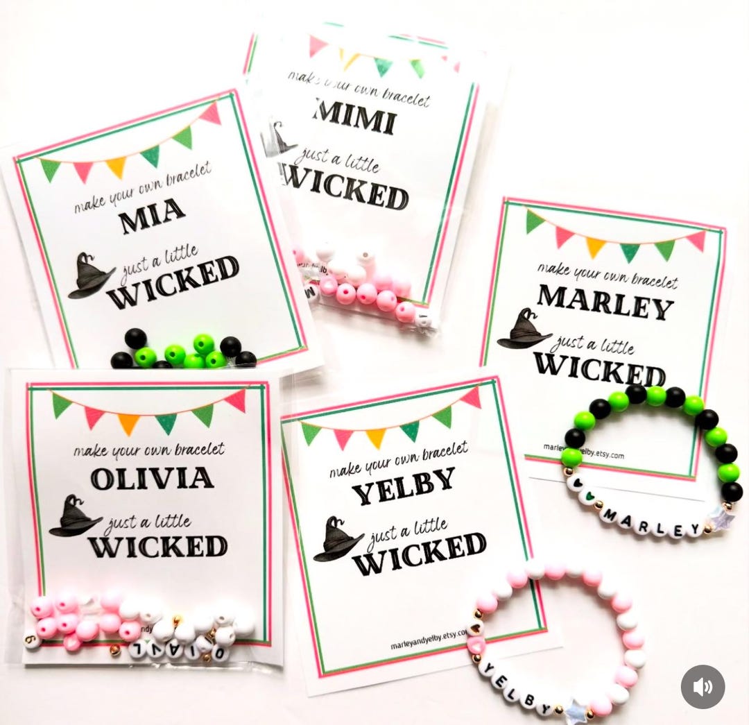 WICKED MOVIE Inspired. Bracelet Making Kit, Kids Birthday Party Activity, Custom Name Stretch ...
