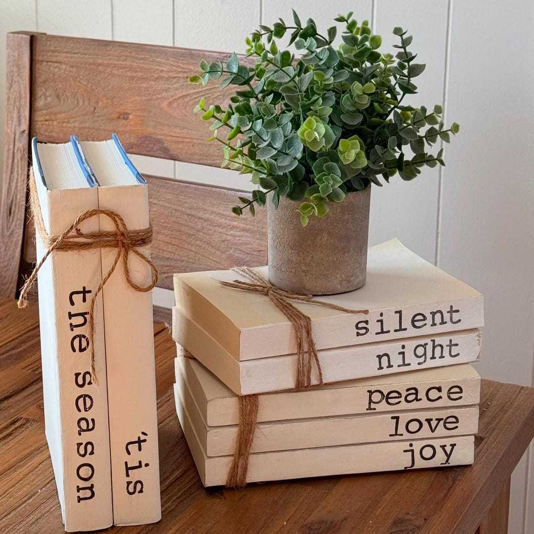 STAMPED BOOK STACKS. Silent Night. Recycled Books, Farmhouse Stamped ...