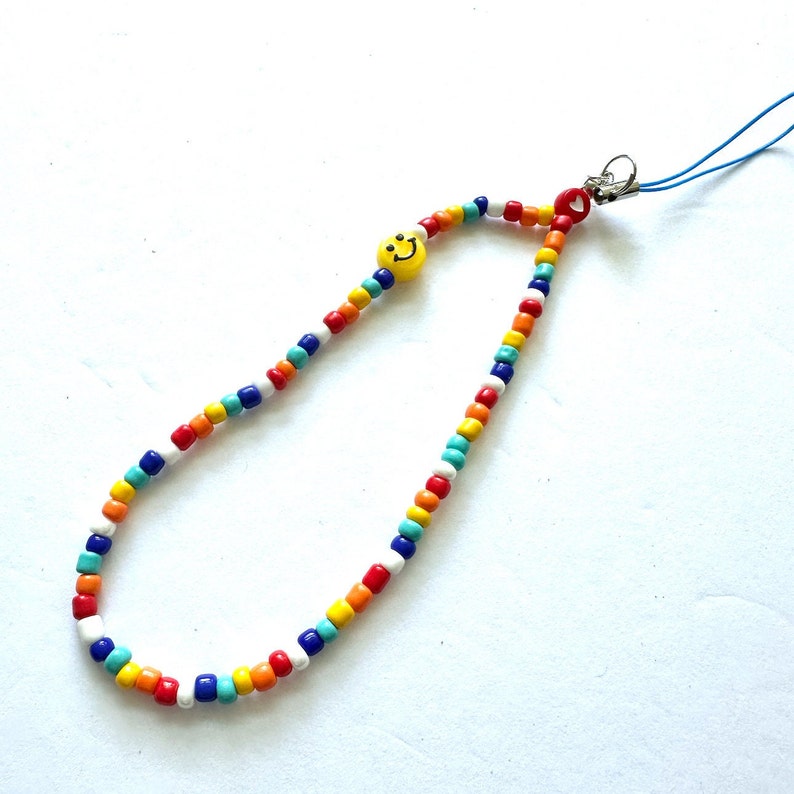 Cute Happy Face Phone Charm, Beaded Phone Charm, Heart Phone Strap ...