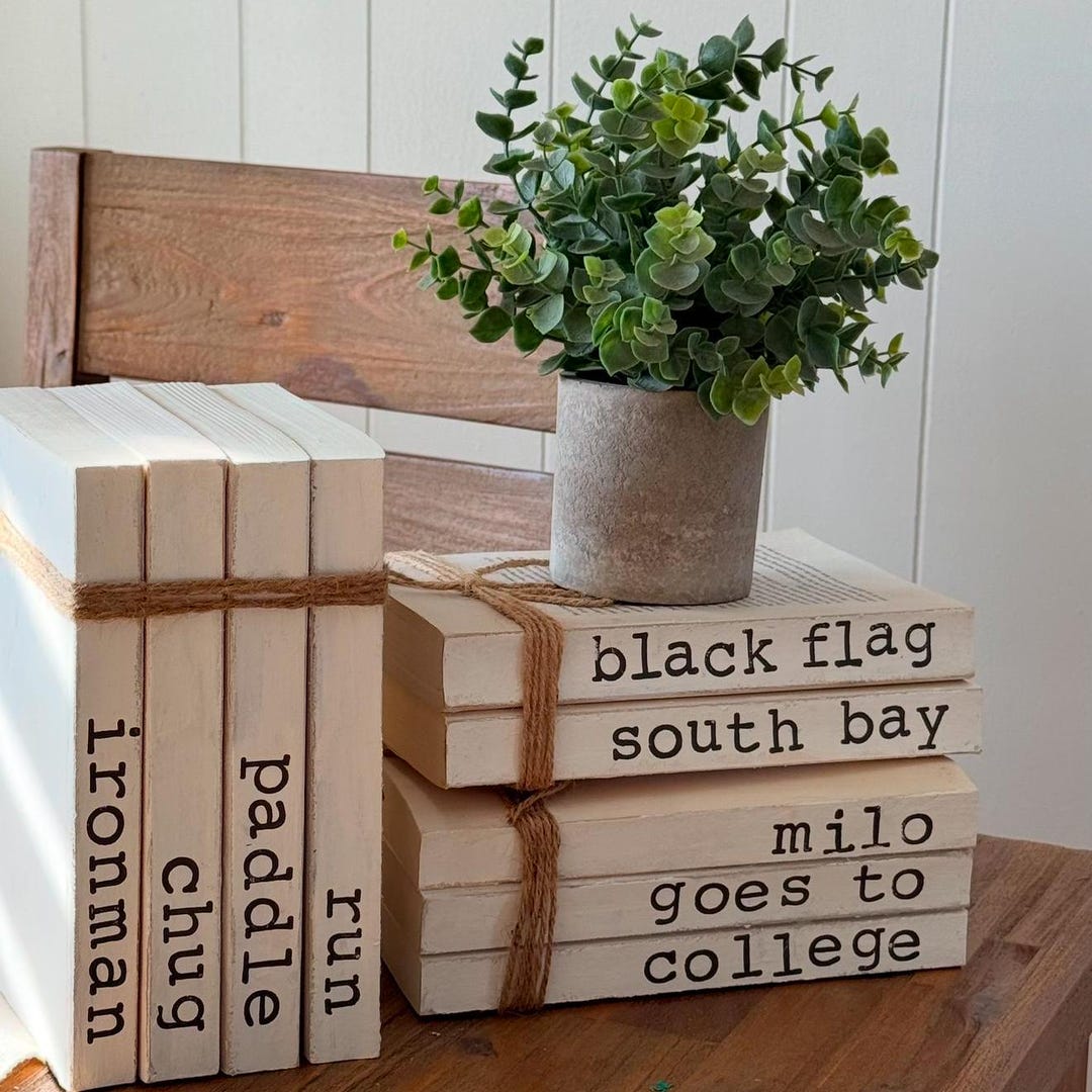 STAMPED BOOK STACKS. Black Flag. Recycled Books, Farmhouse Stamped ...