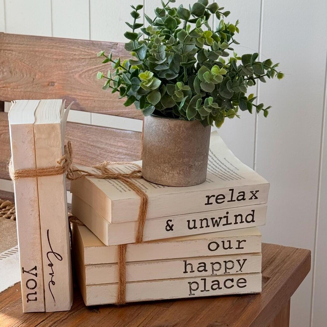STAMPED BOOK STACKS. Love You. Recycled Books, Farmhouse Stamped Books ...