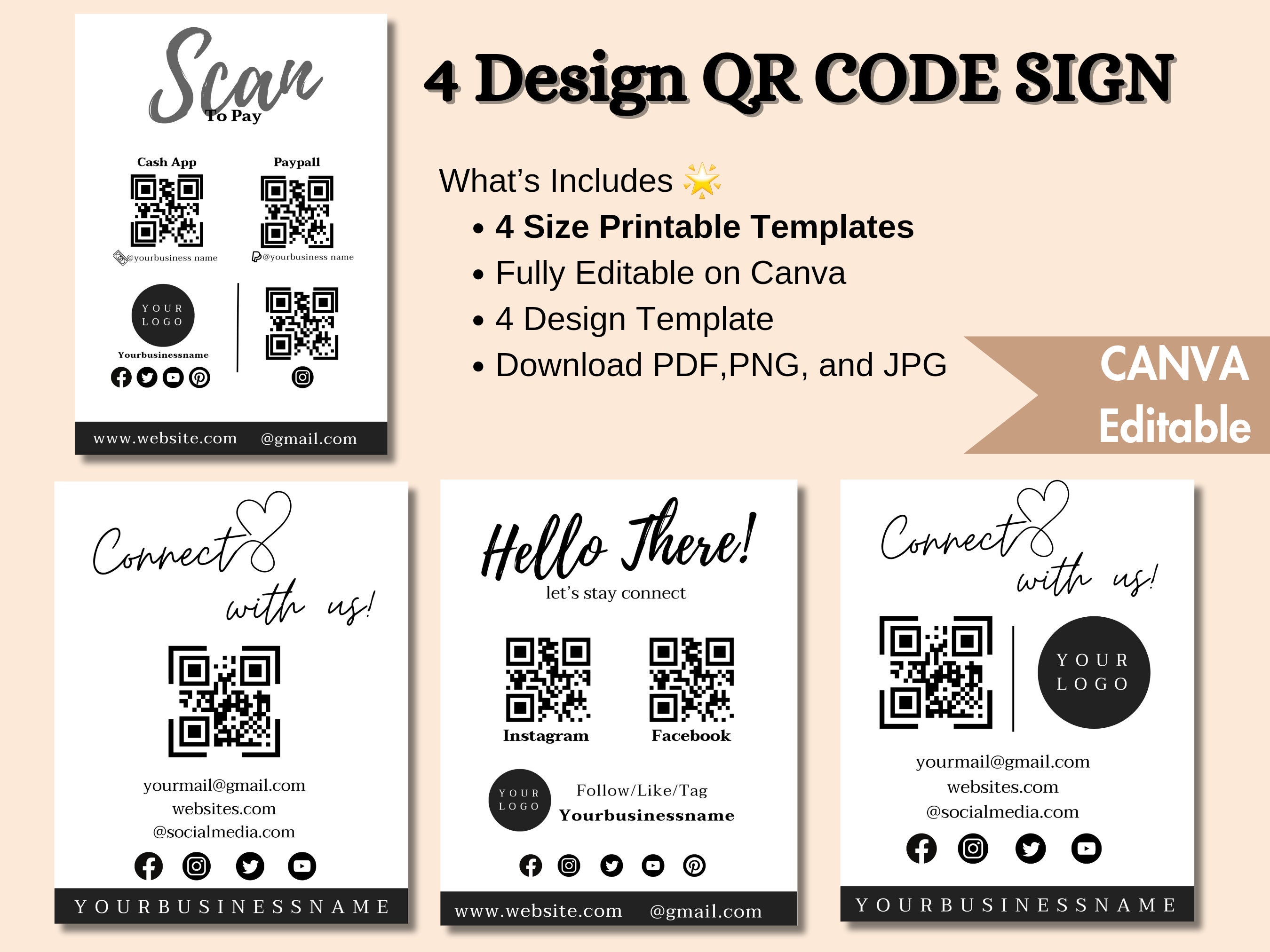 QR Code Template Editable Scan to Pay Printable Social Media Sign Small ...