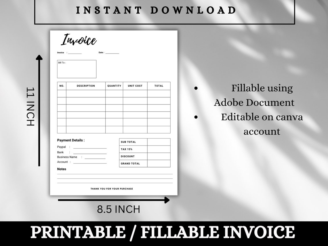 Invoice Template Printable Invoice Customizable Invoice Adobe Fillable ...