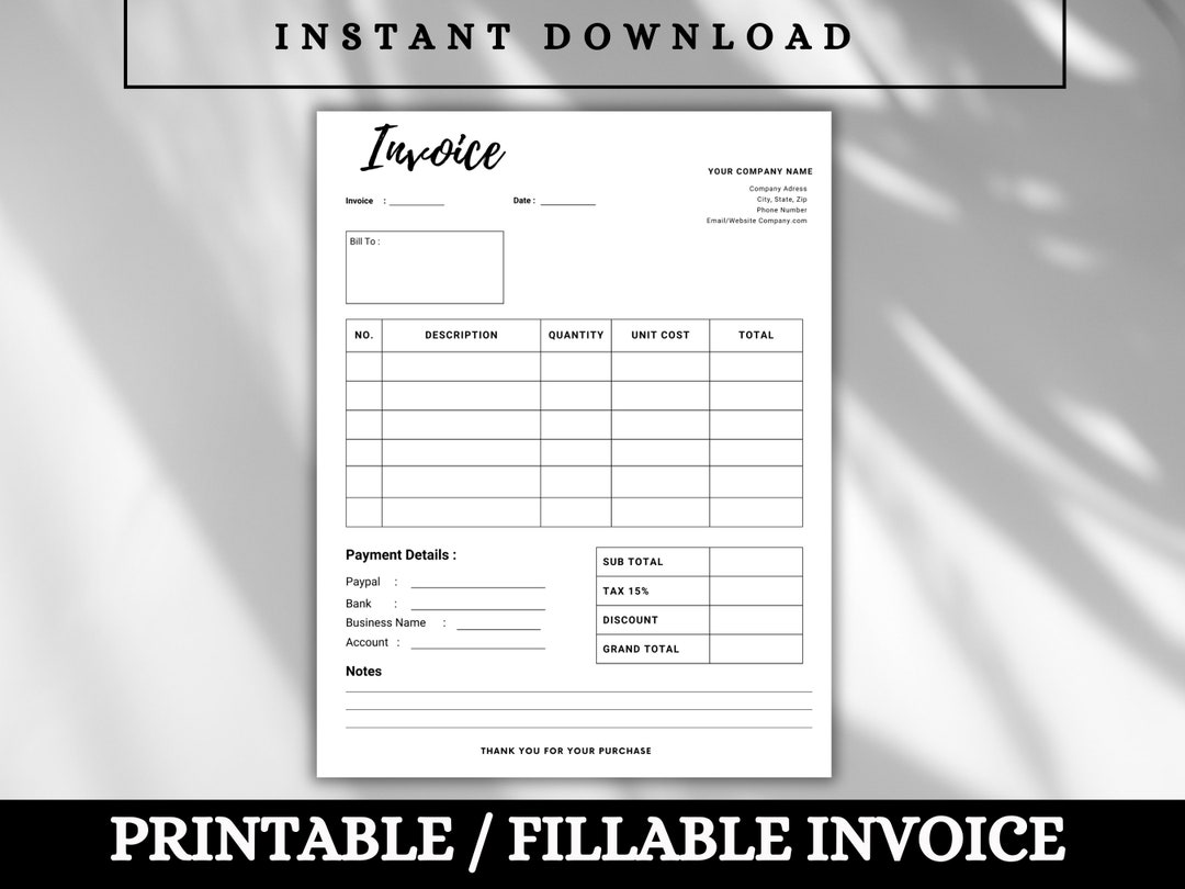 Invoice Template Printable Invoice Customizable Invoice Adobe Fillable ...