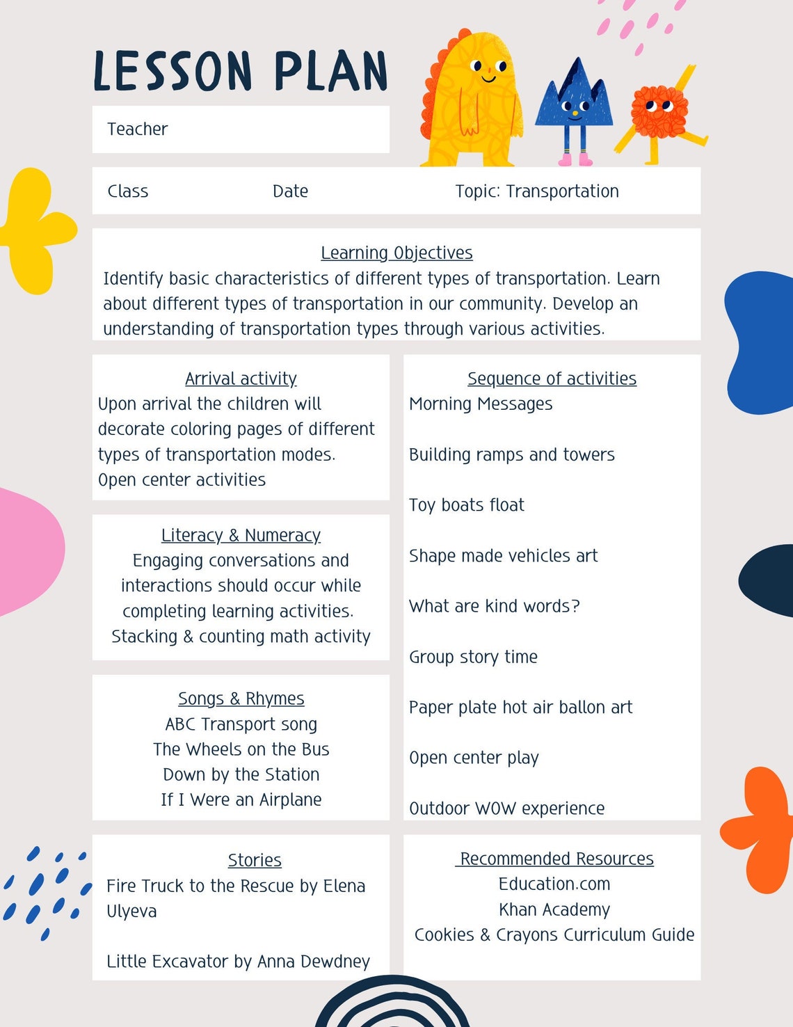 Transportation Theme Lesson Plan - Etsy