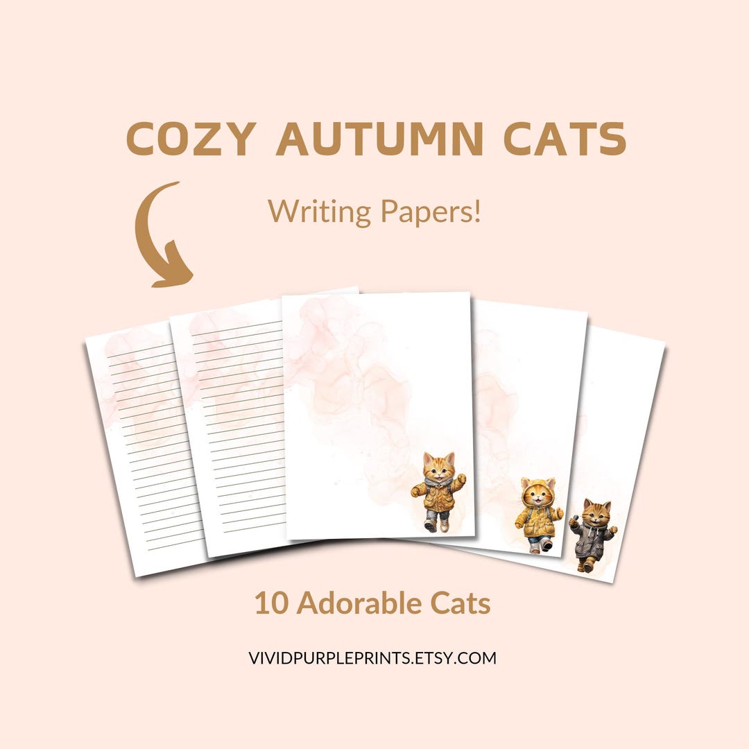 Printable Autumn Cats Writing Paper, 10 Cute Designs, Cozy Lined and ...