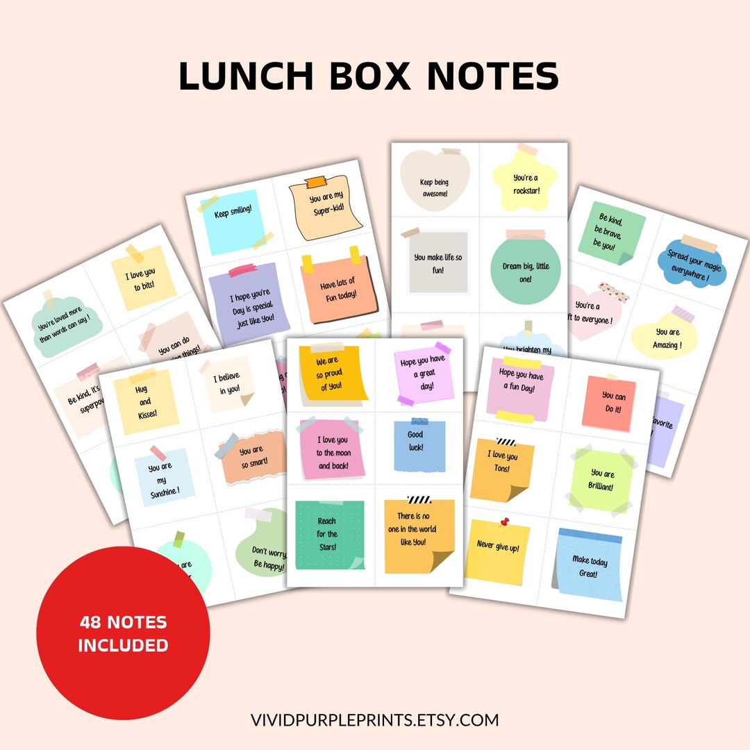 Lunch Box Notes, 48 Lunch Cards, Instant Download, Girl Lunch Box Notes ...