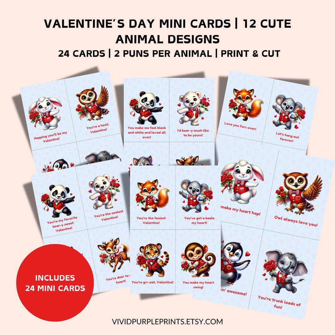Printable Valentine’s Day Mini Cards – Cute Heart Characters With Funny ...