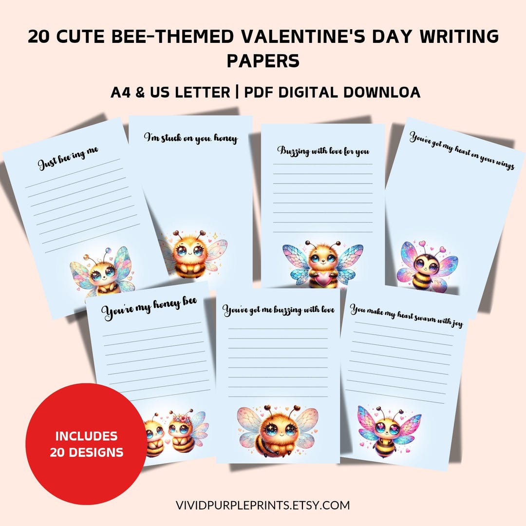 20 Cute Bee-themed Valentine's Writing Papers | A4 & US Letter | PDF ...