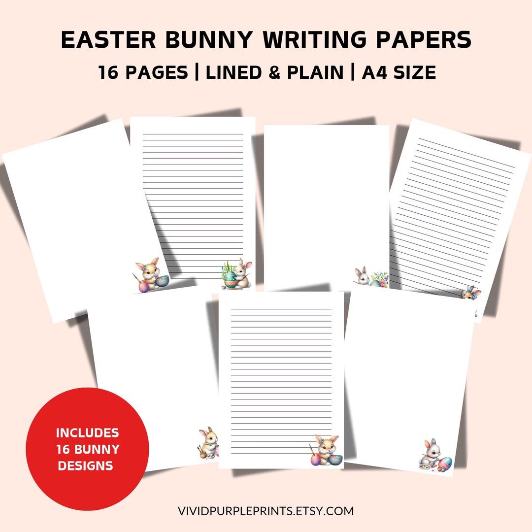 Cute Easter Bunny Writing Paper | Lined & Plain | A4 Digital Download ...