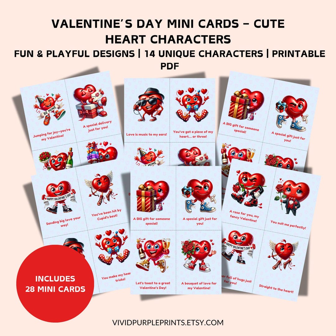 Printable Valentine’s Day Mini Cards – Cute Heart Characters With Funny ...