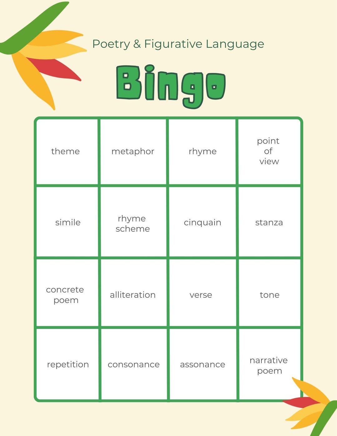 Poetry Vocabulary Bingo | Printable Language Arts Game | ESL / ELA ...
