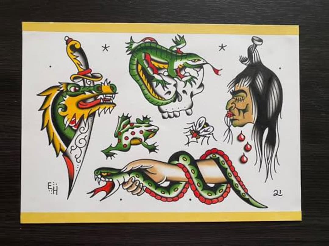 Hand Painted Traditional Tattoo Flash Sheet Design 1/1 A4 - Etsy