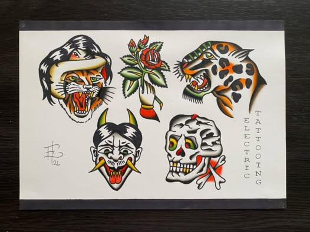 Hand Painted Traditional Tattoo Flash Sheet Design 1/1 A4 - Etsy