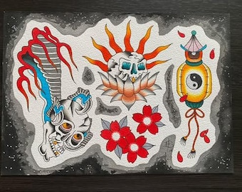 Hand Painted Traditional Tattoo Flash Sheet Design 1/1 A4 - Etsy