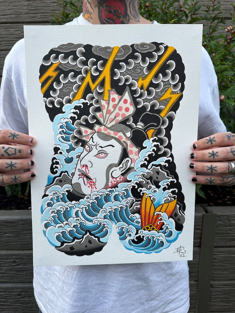 Original A3 Hand Painted Japanese Tattoo Style Namakubi Storm - Etsy