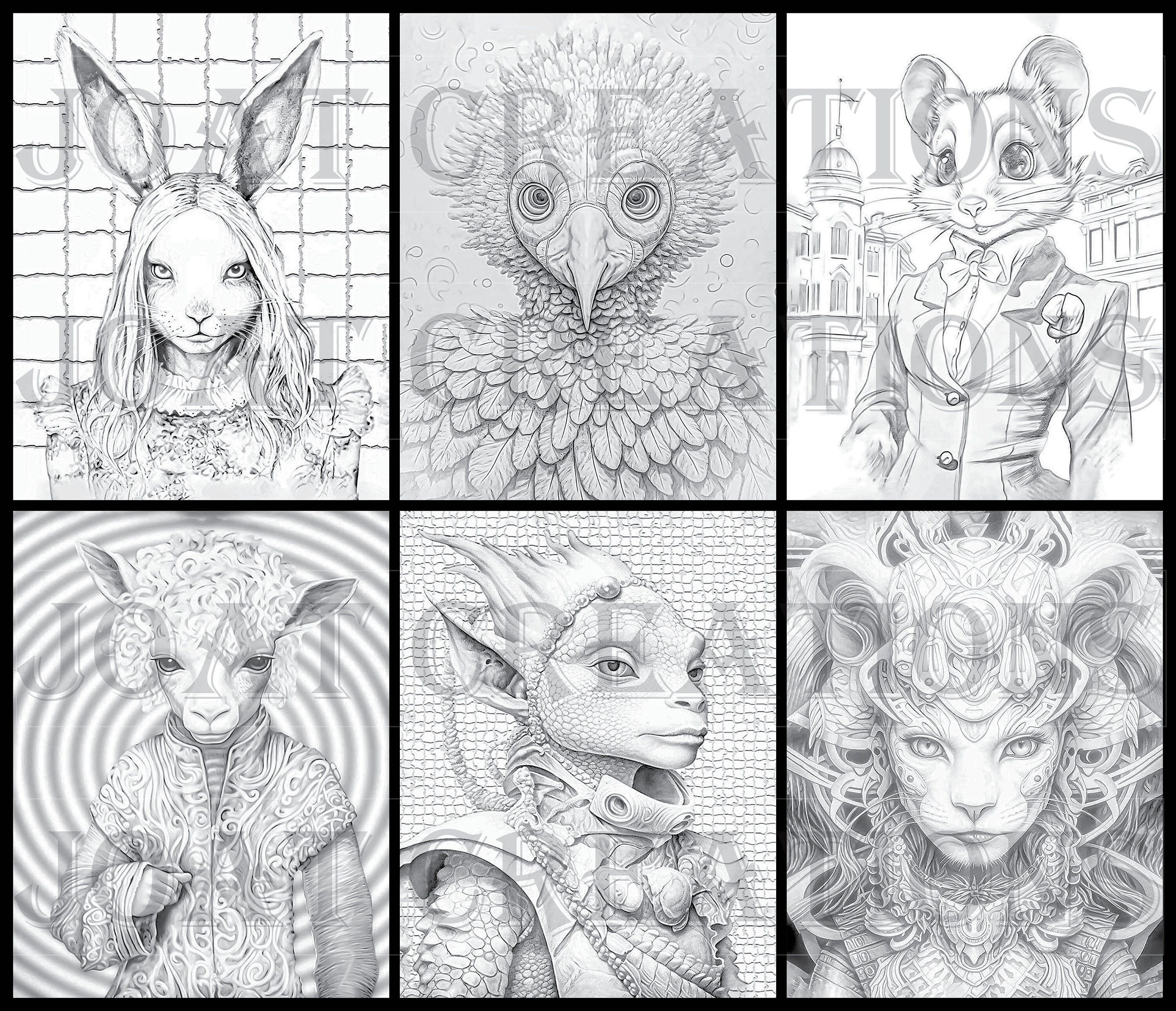 Human Hybrids |grayscale Coloring Pages |printable Adult Kids Coloring ...