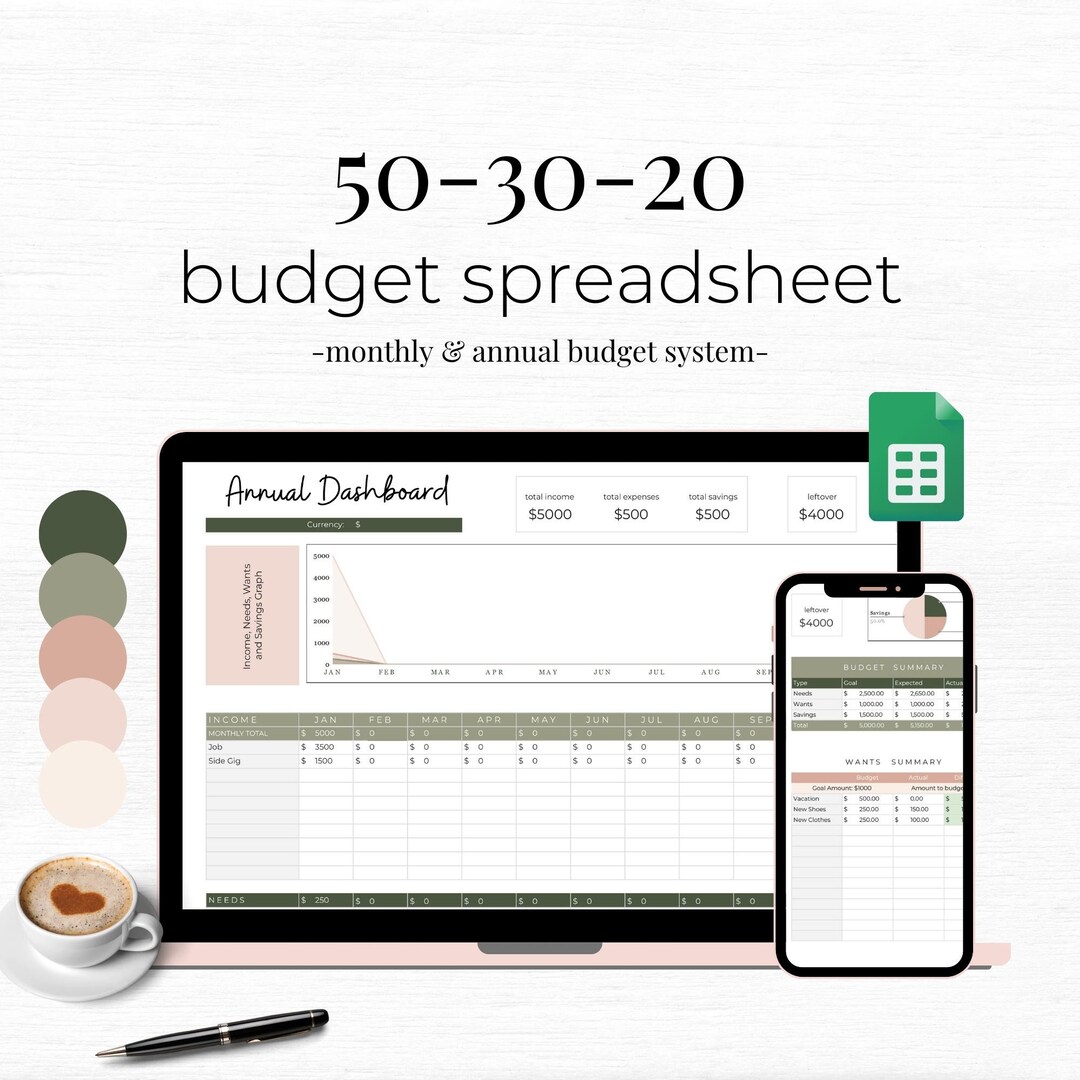 50-30-20 Budget Google Sheet Tracker, Monthly and Annual Planning Sheet ...