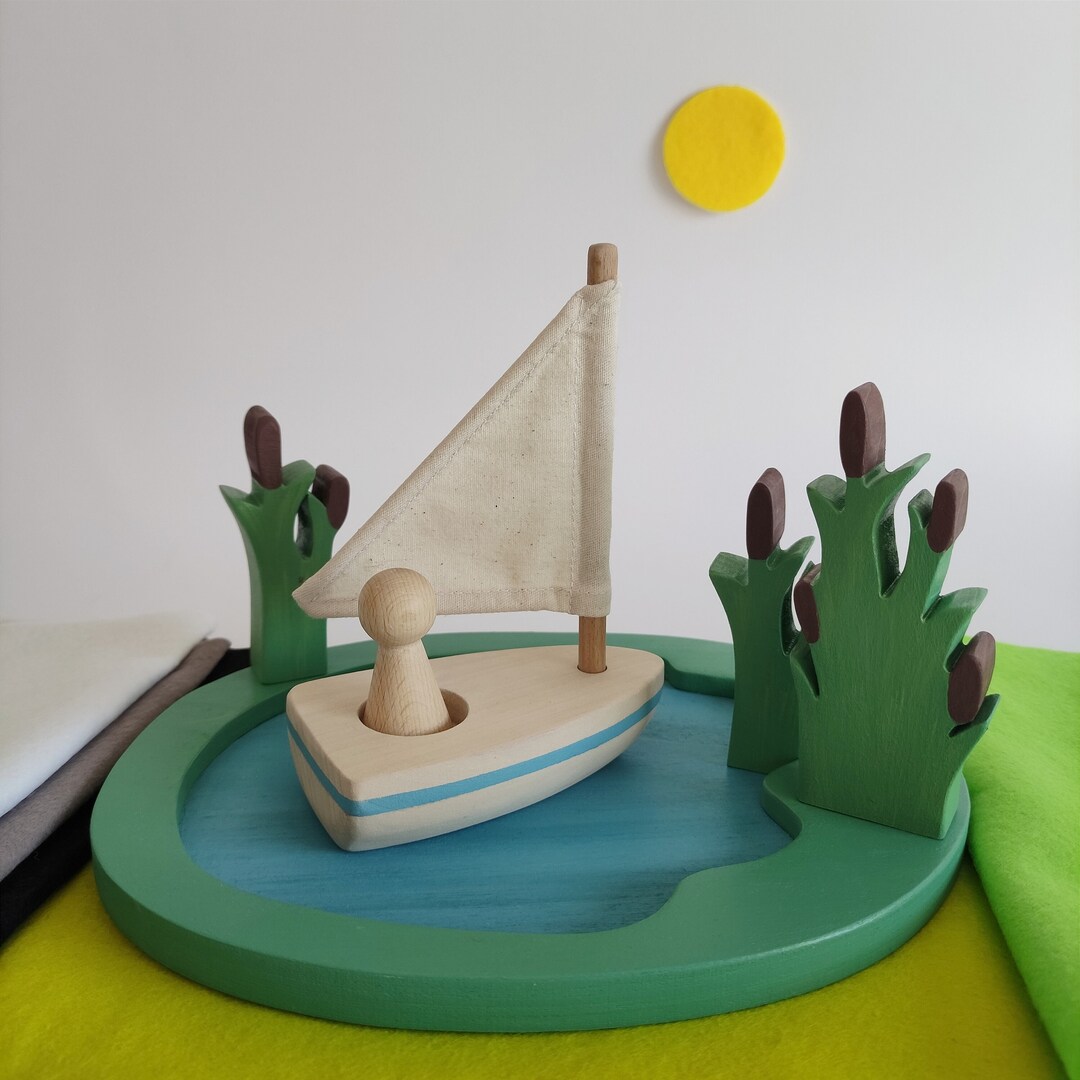 Sailboat on a Lake Set Wooden Sailboat Wooden Toy Sailboat - Etsy