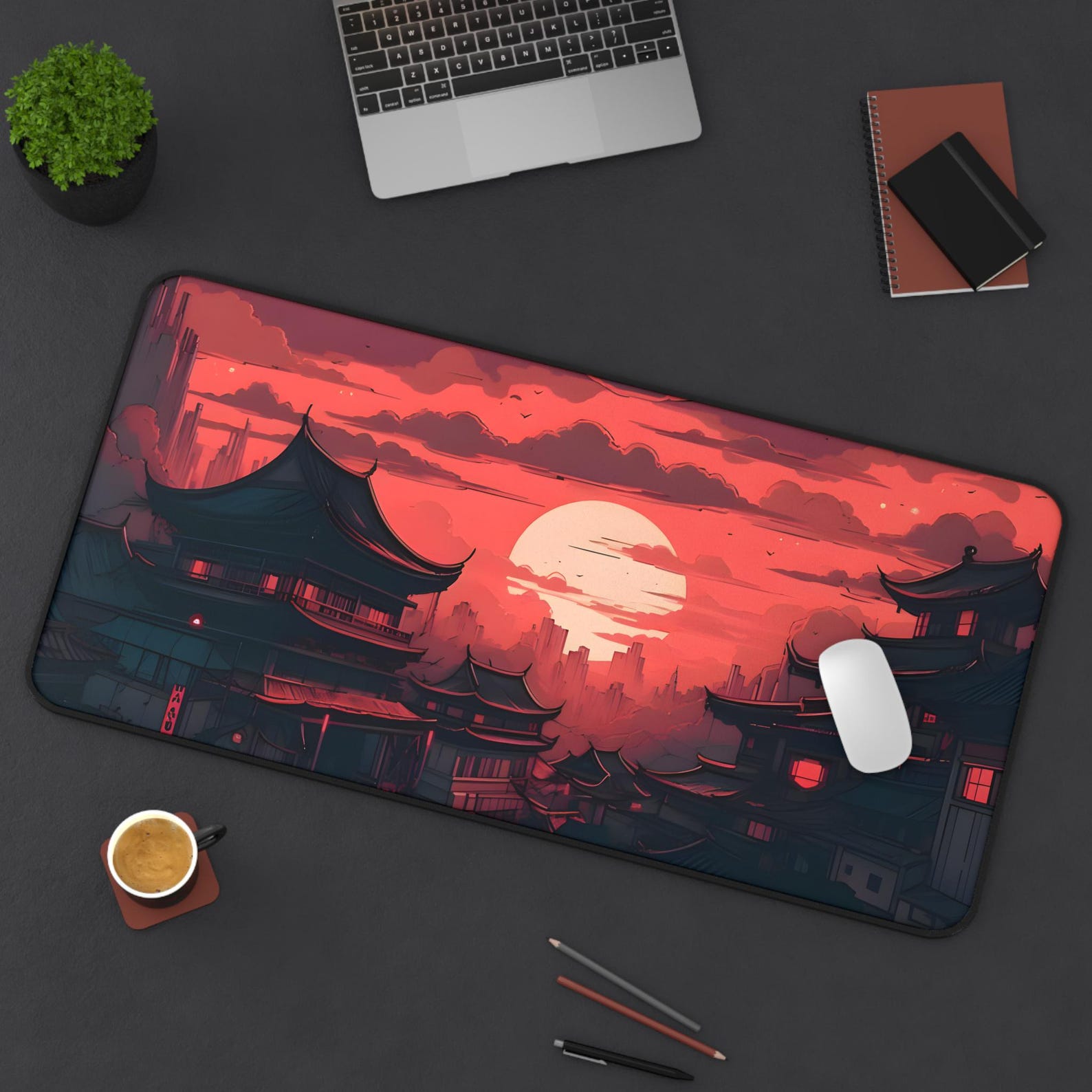 Japanese Moon Desk Mat | Red Aesthetic Mousepad | Cute Office Decor ...