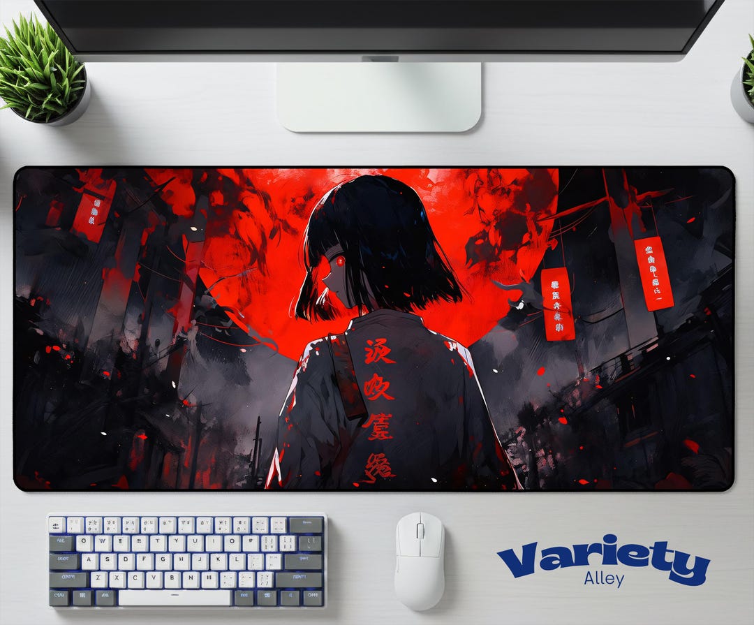 Red Moon Anime Girl Deskmat | Japanese Demon Waifu Mouse Pad | Gaming ...