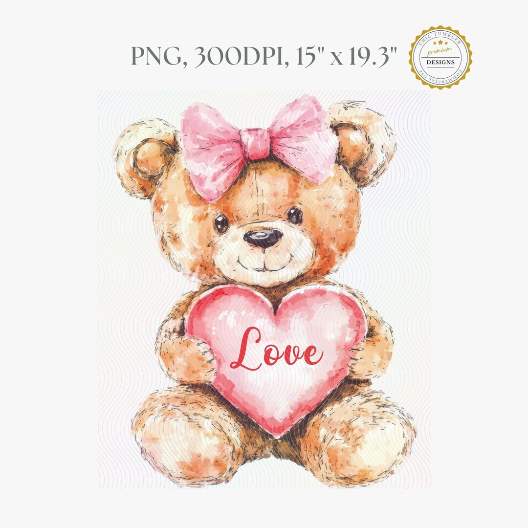 Valentines Day Bear PNG, Watercolor Bear With Heart Sublimation Design ...