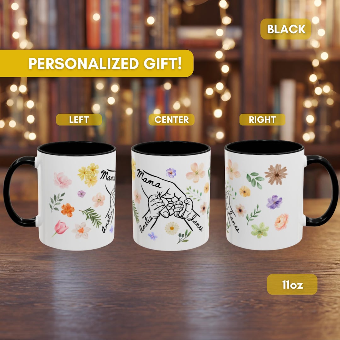Personalized Mama Mug With Kids Names, Custom Holding Hands Mom Coffee ...