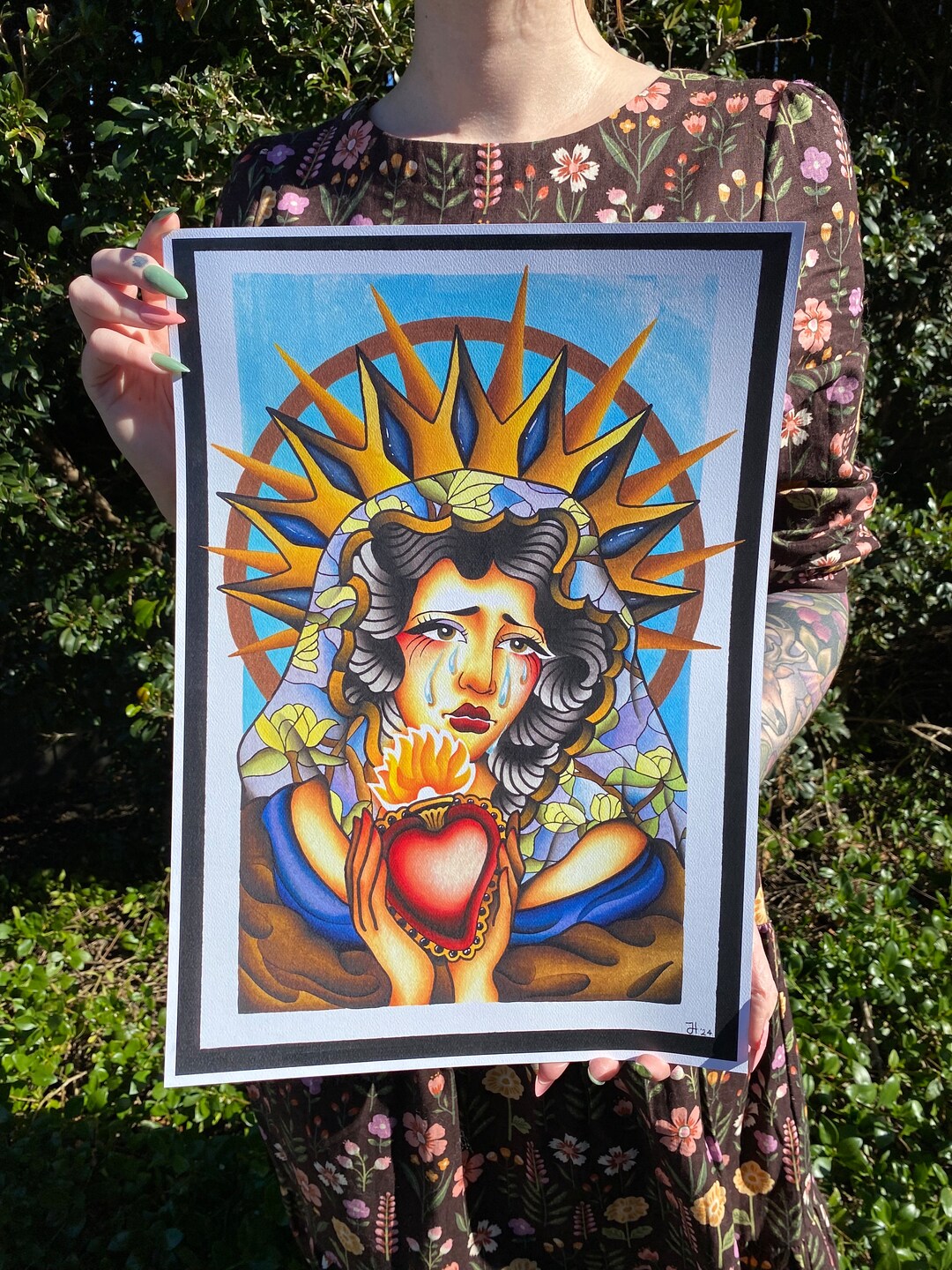 A3 Print Tattoo Art Crying Lady With Sacred Heart Hand Made Ink Water ...