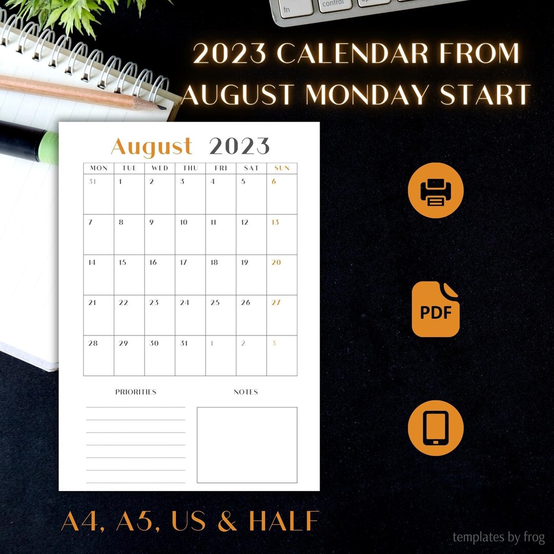 2023 CALENDAR MONDAY START From August to End Year White - Etsy