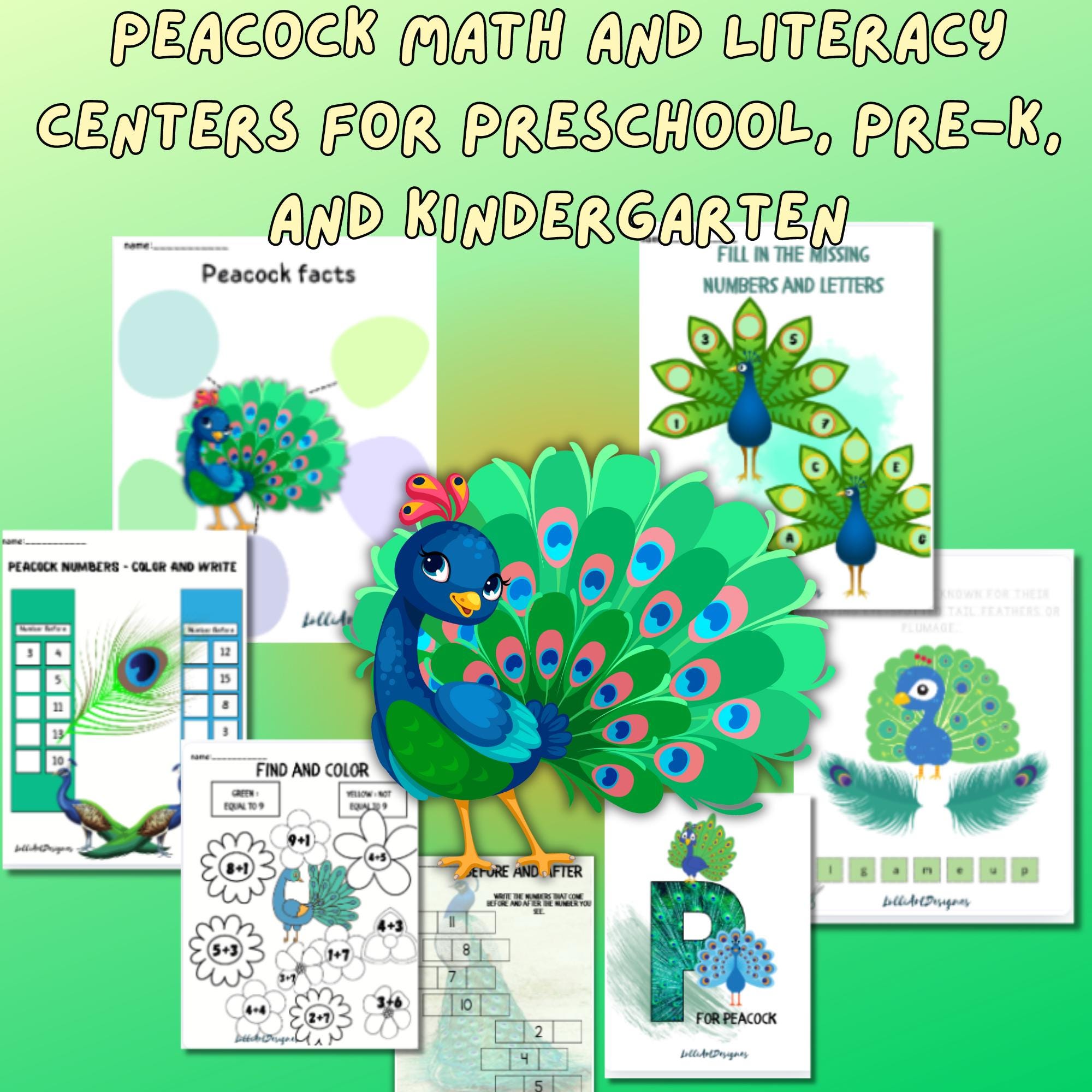 Peacock Math Science and Literacy Centers for Preschool, Pre-k ...