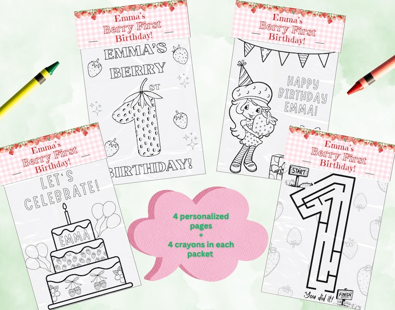 Berry 1st Birthday Party Coloring Packs + Crayons, Berry Birthday Party ...