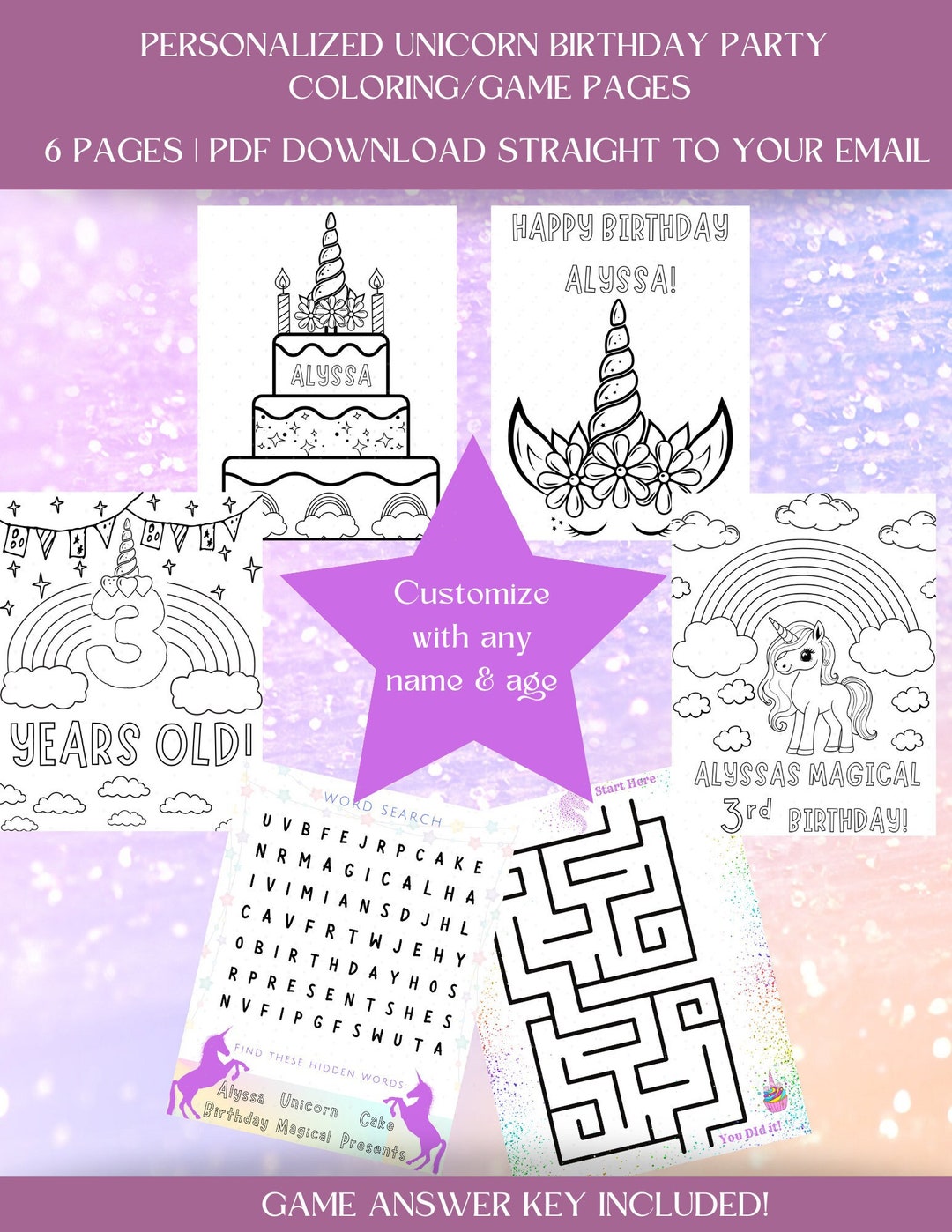Customizable Printable Unicorn Birthday Coloring Pages/games, Unicorn ...