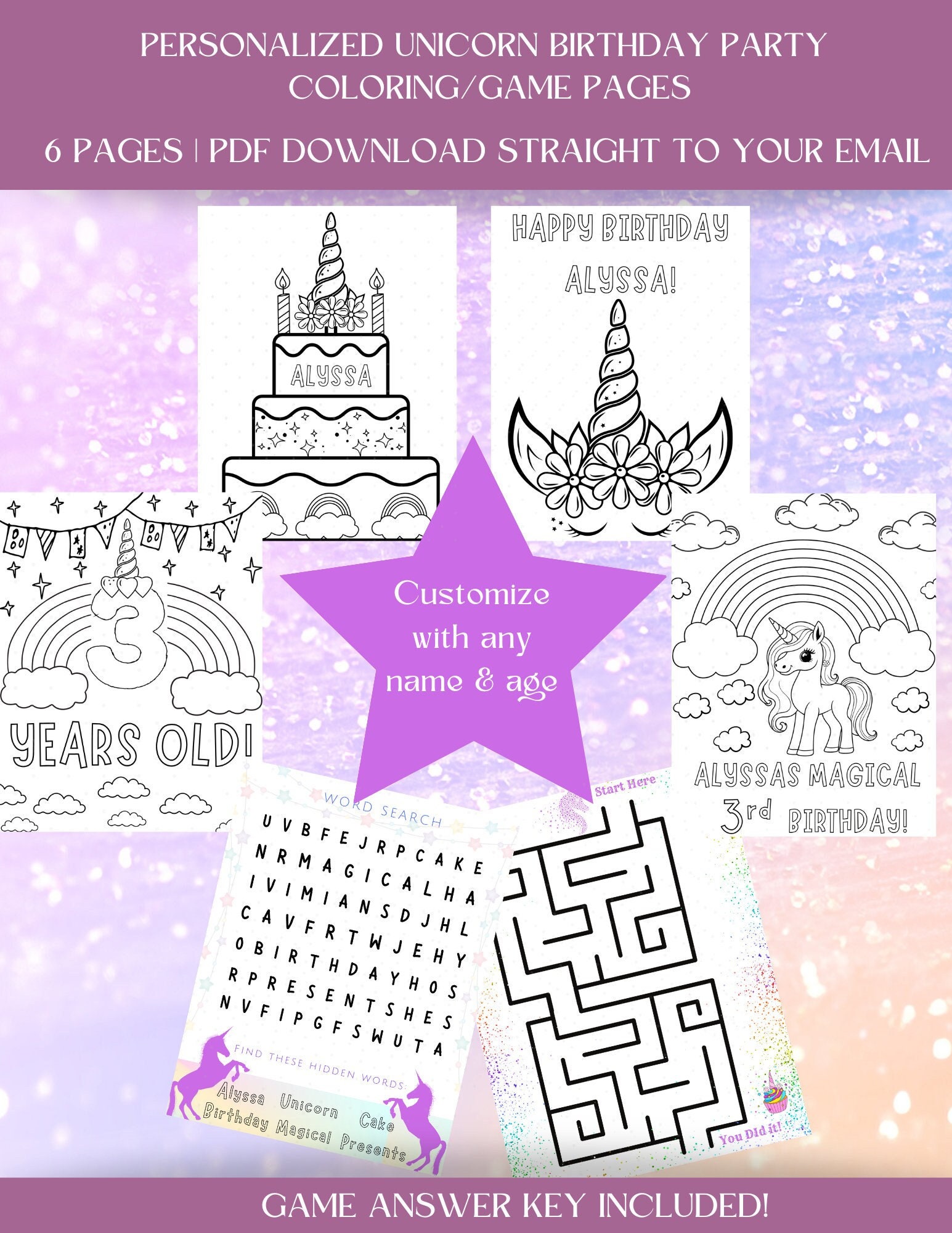 Customizable Printable Unicorn Birthday Coloring Pages/games, Unicorn ...