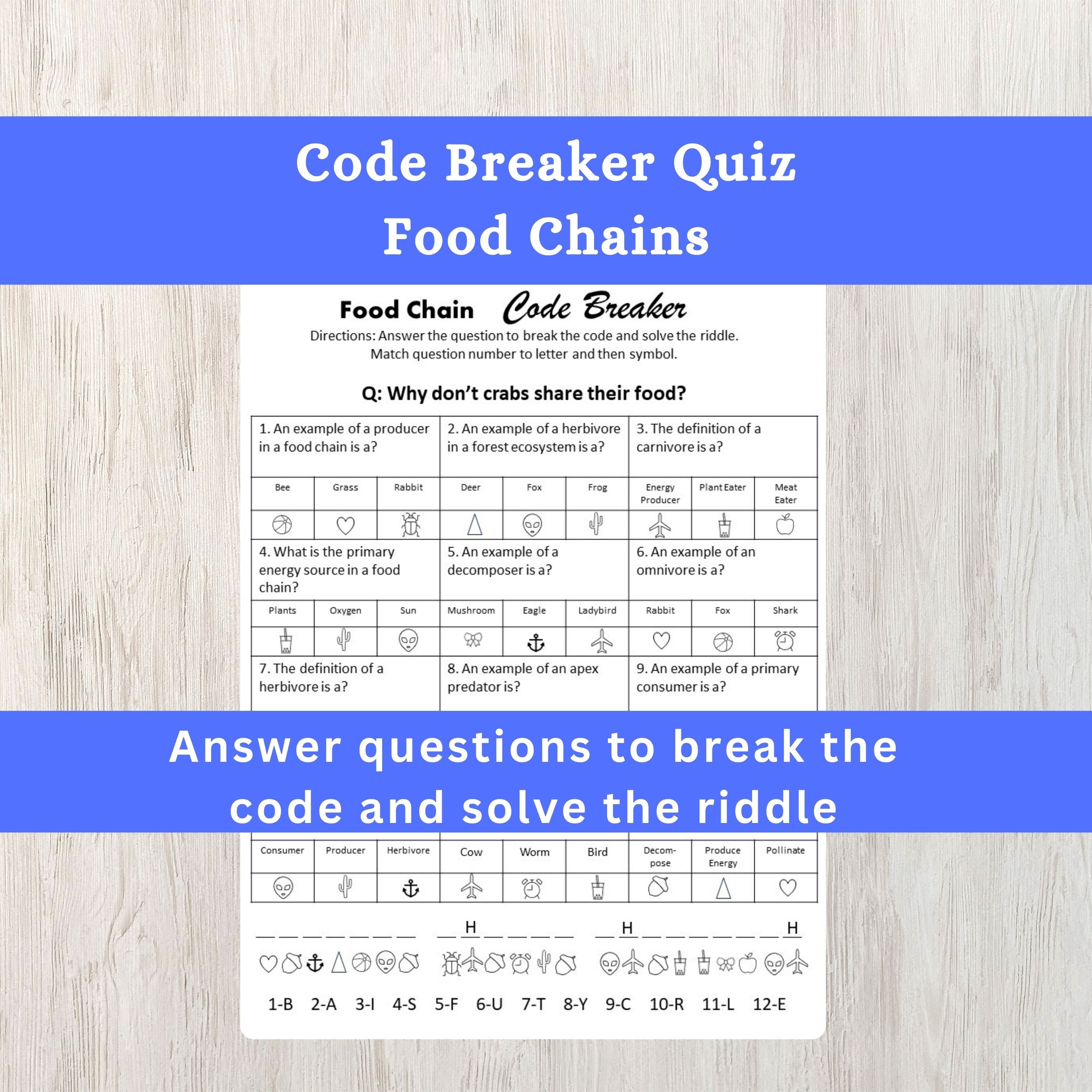 Food Chain Code Breaker Worksheet | Food Chain Quiz Sheet | Food Chain ...