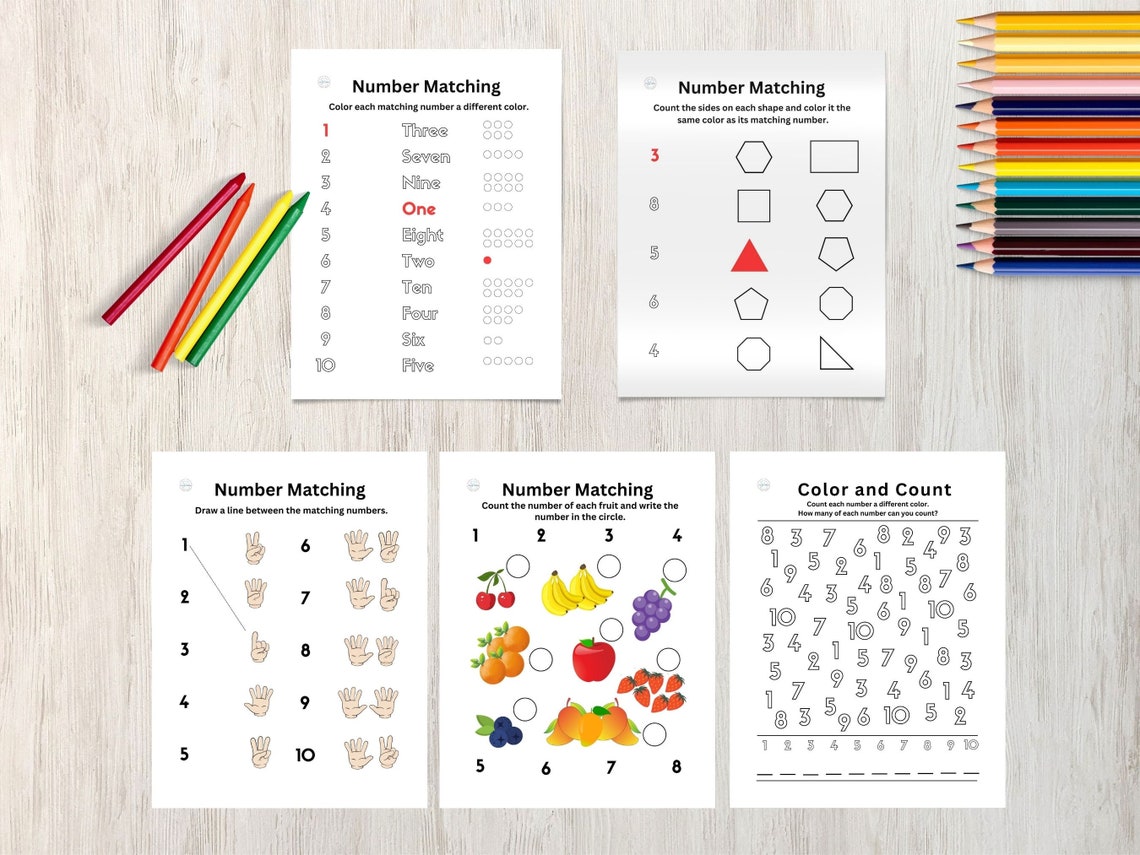 Printable Counting Worksheets Matching Numbers Practice Sheets for Kids ...