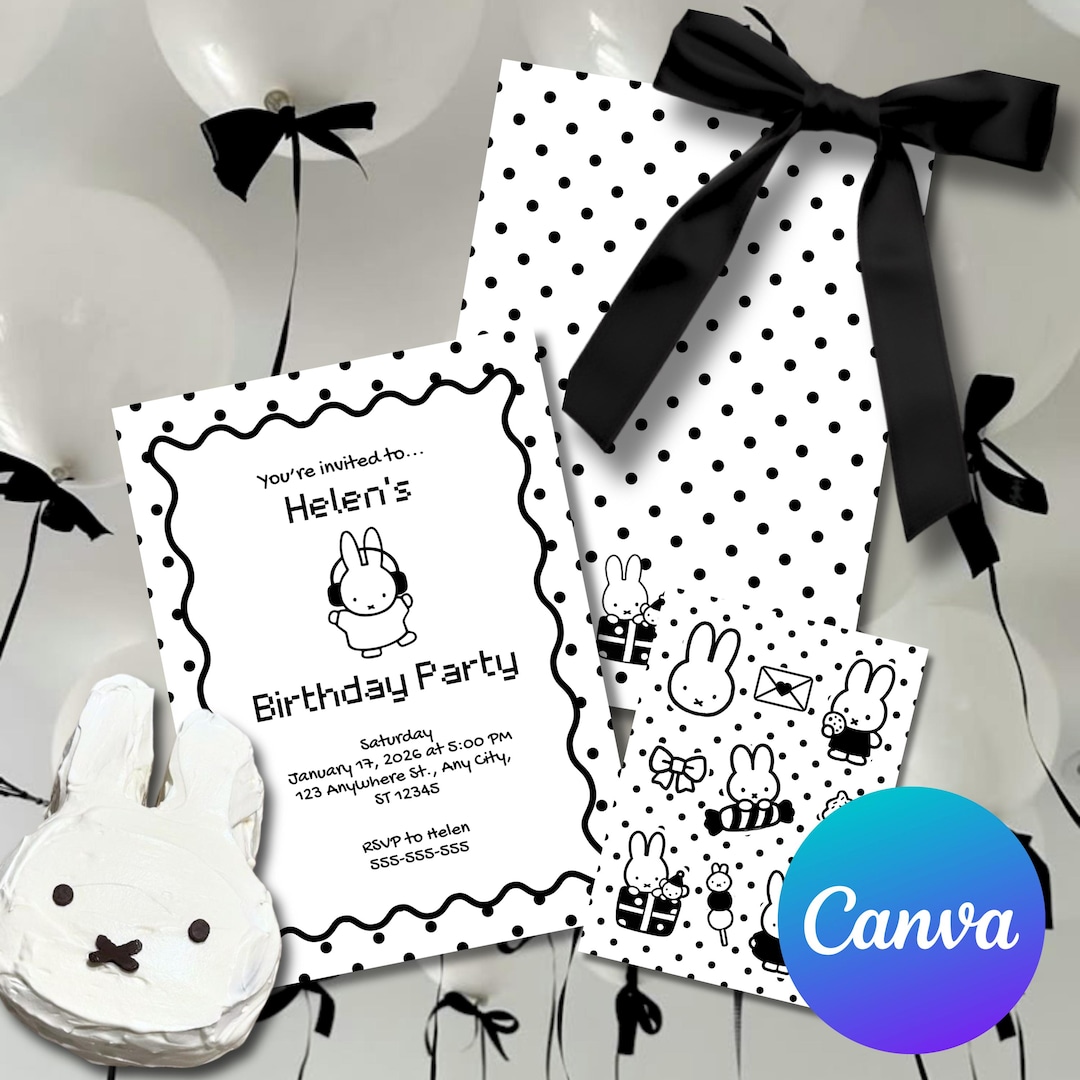 Miffy Themed Birthday Event Invitation + Sticker Sheet Minimalist ...