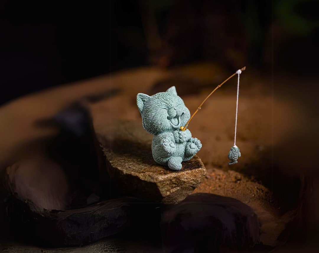 Cute Fishing Cat Sculpture Fishing Sculptures Fish Tank Decor Cute ...