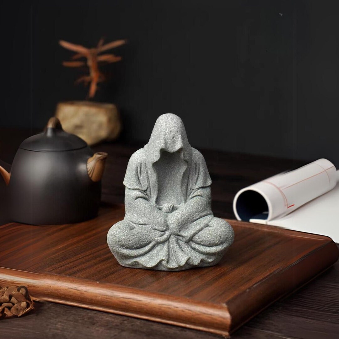 Demon Sandstone Sculptue Mystic Hooded Man Zen Garden Decor Oriental ...
