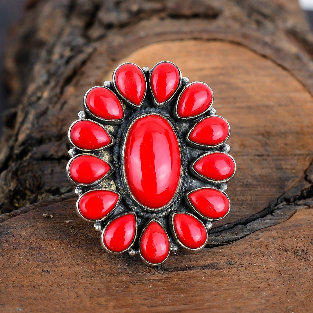 Red Coral Gemstone Ring Sterling Silver Handmade Ring Red Coral Ring ...