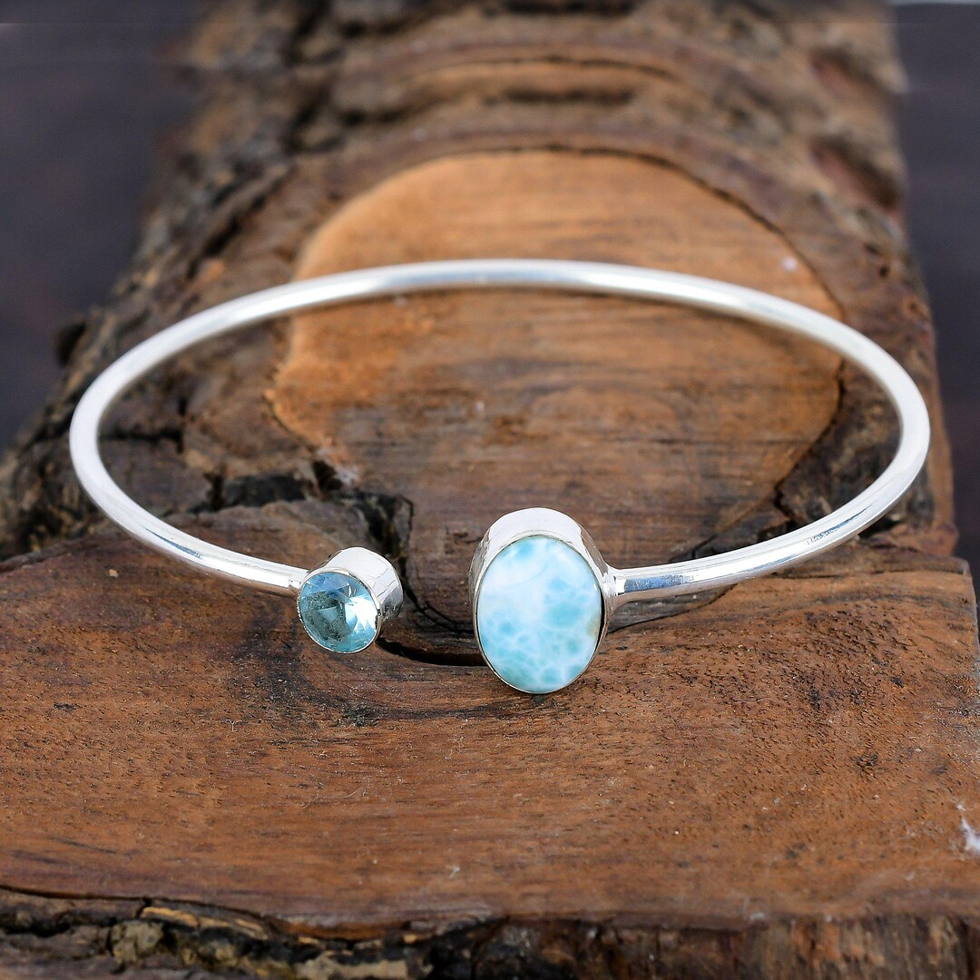 Larimar Gemstone Bangle Blue Topaz Gemstone Adjustable Cuff Handmade ...